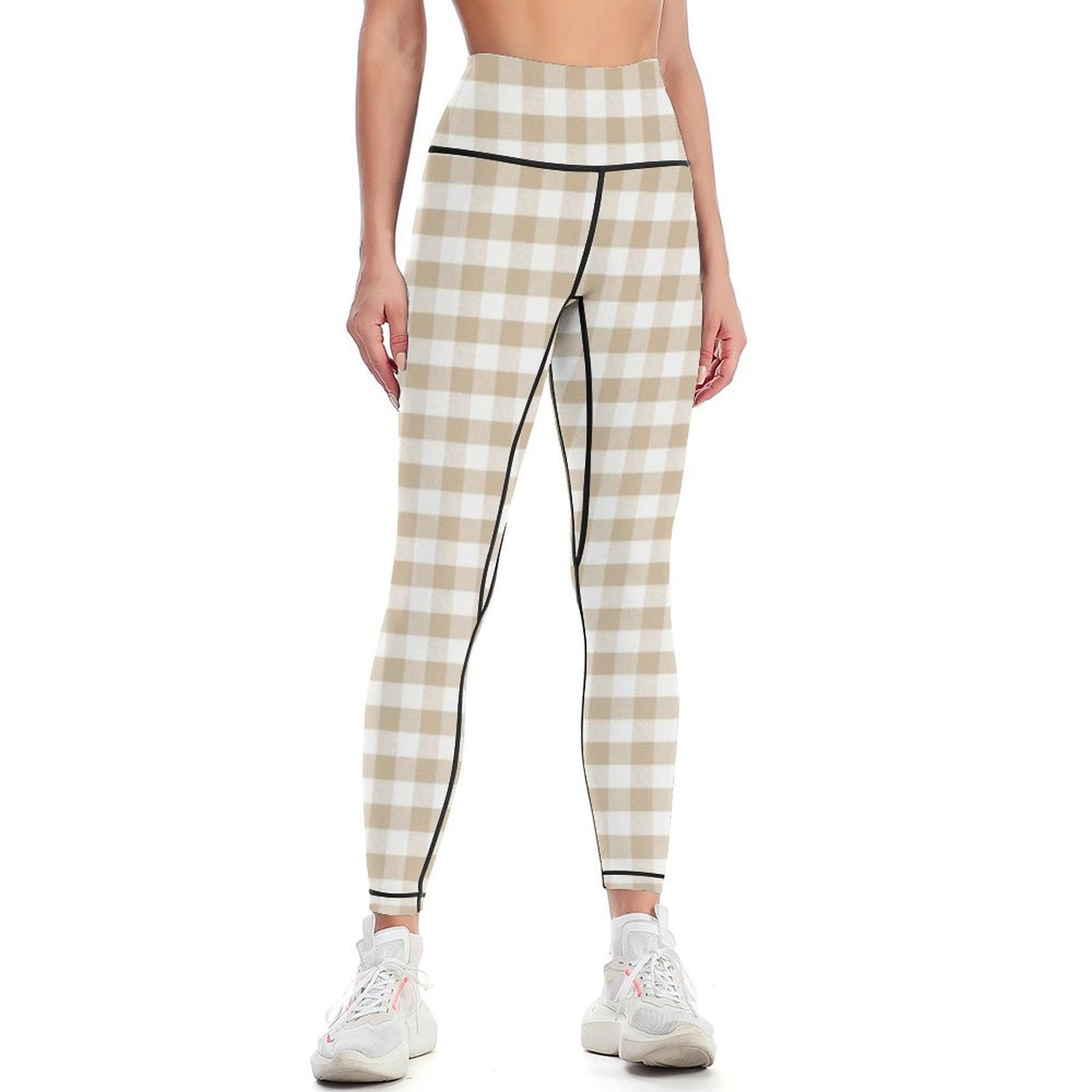 Almond Buff Tan Gingham Leggings Women's sports pants legging gym ing ...