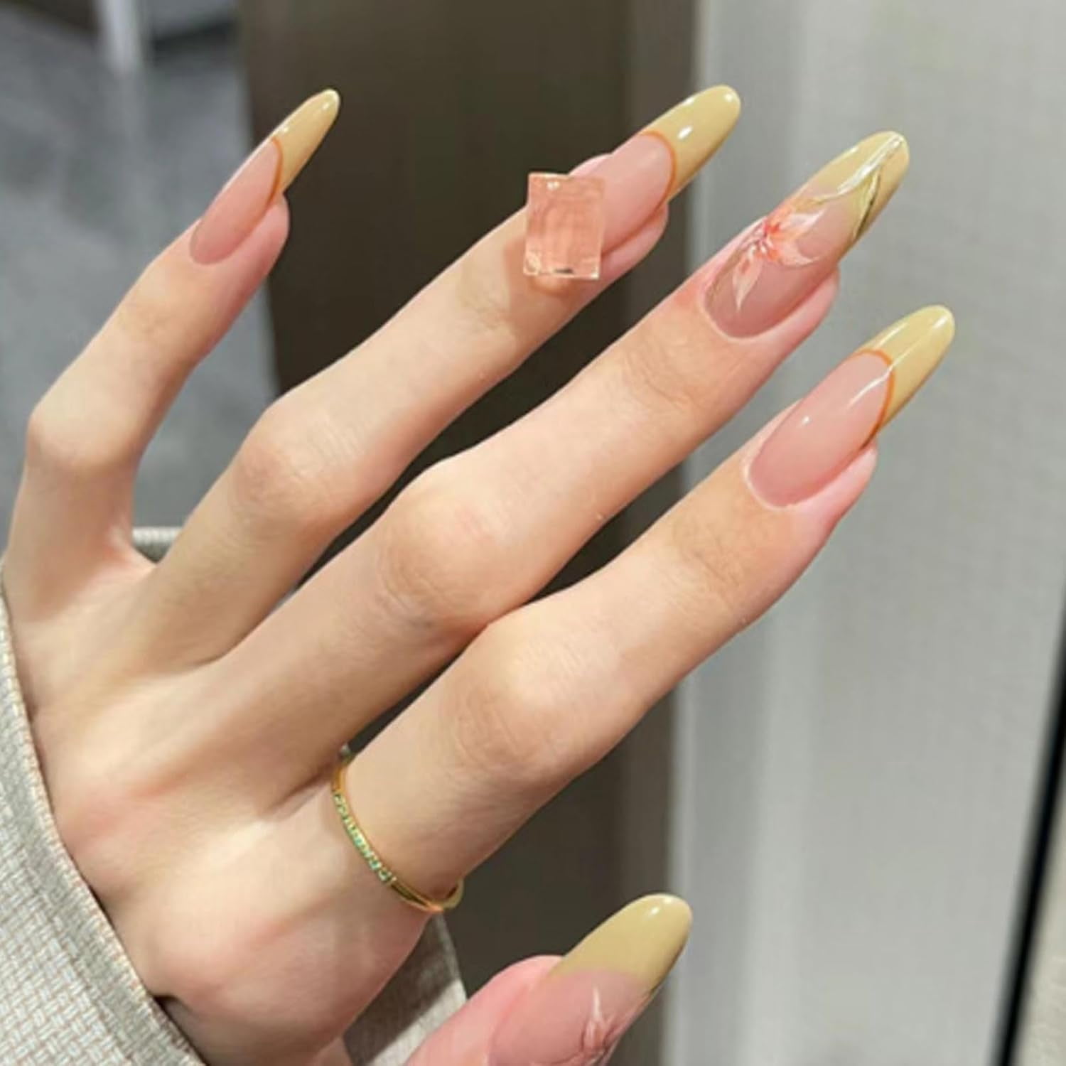 Almond Flower Press on Nails Yellow Fake Nails Tips Full Cover Long ...