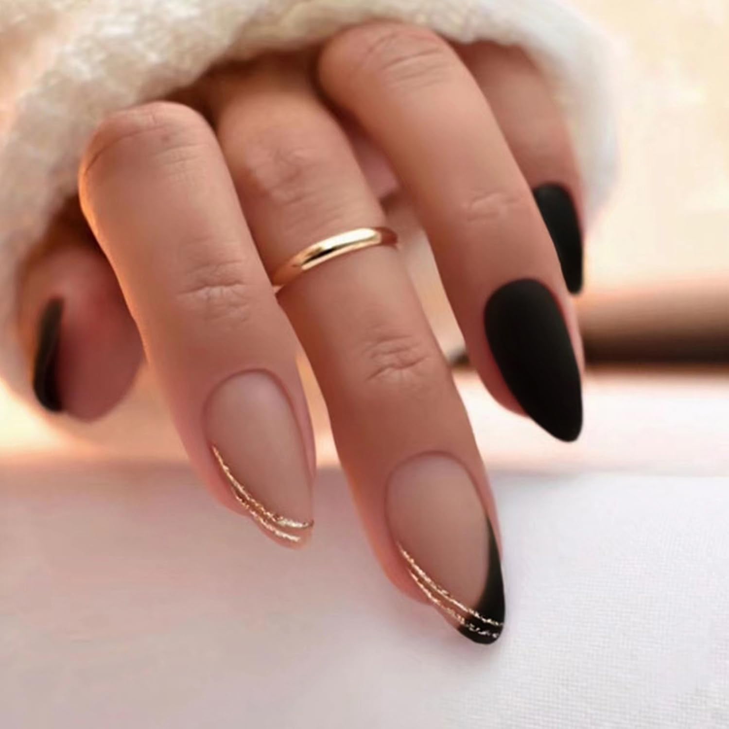 Almond Press on Nails Long Oval Fake Nails Black French Tip Acrylic ...