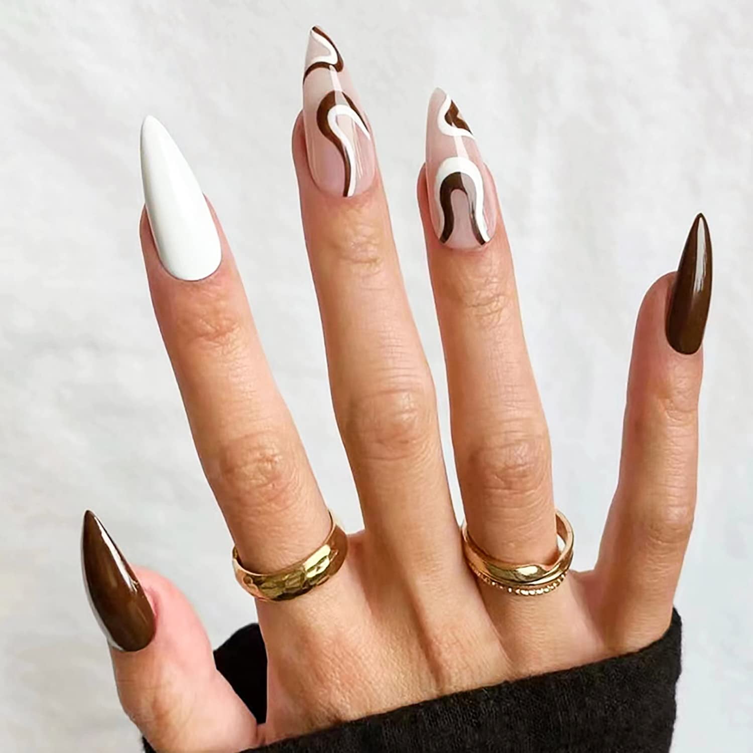 Almond Press on Nails Medium Fake Nails Brown and White Ripple Design ...