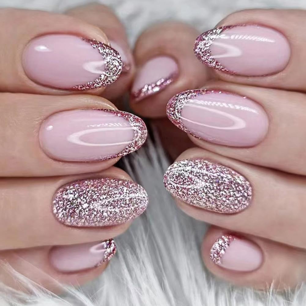 Almond Press on Nails Short Fake Nails French Tip False Nails with ...