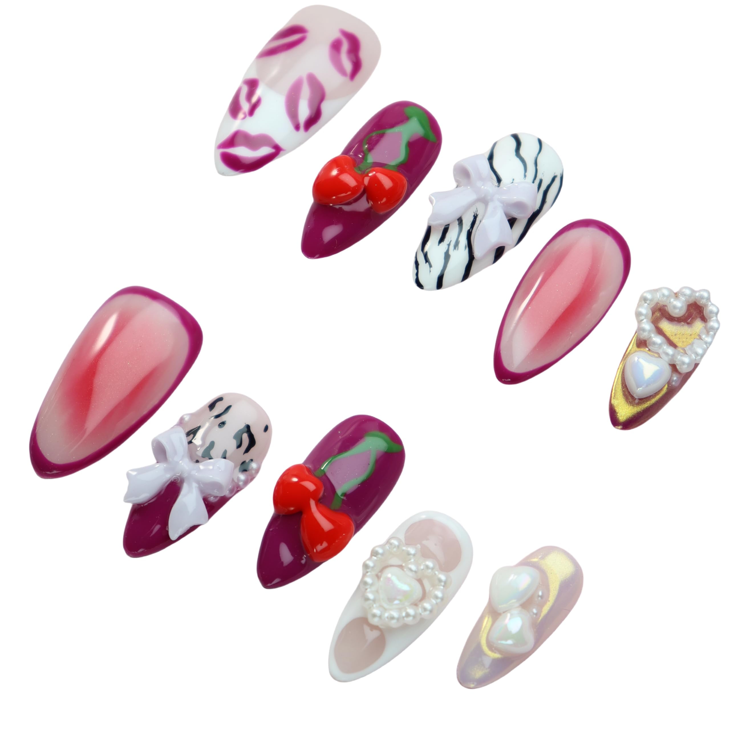 Almond Press on Nails Handmade Medium Long/Stiletto 3D Flower Fake Nail ...