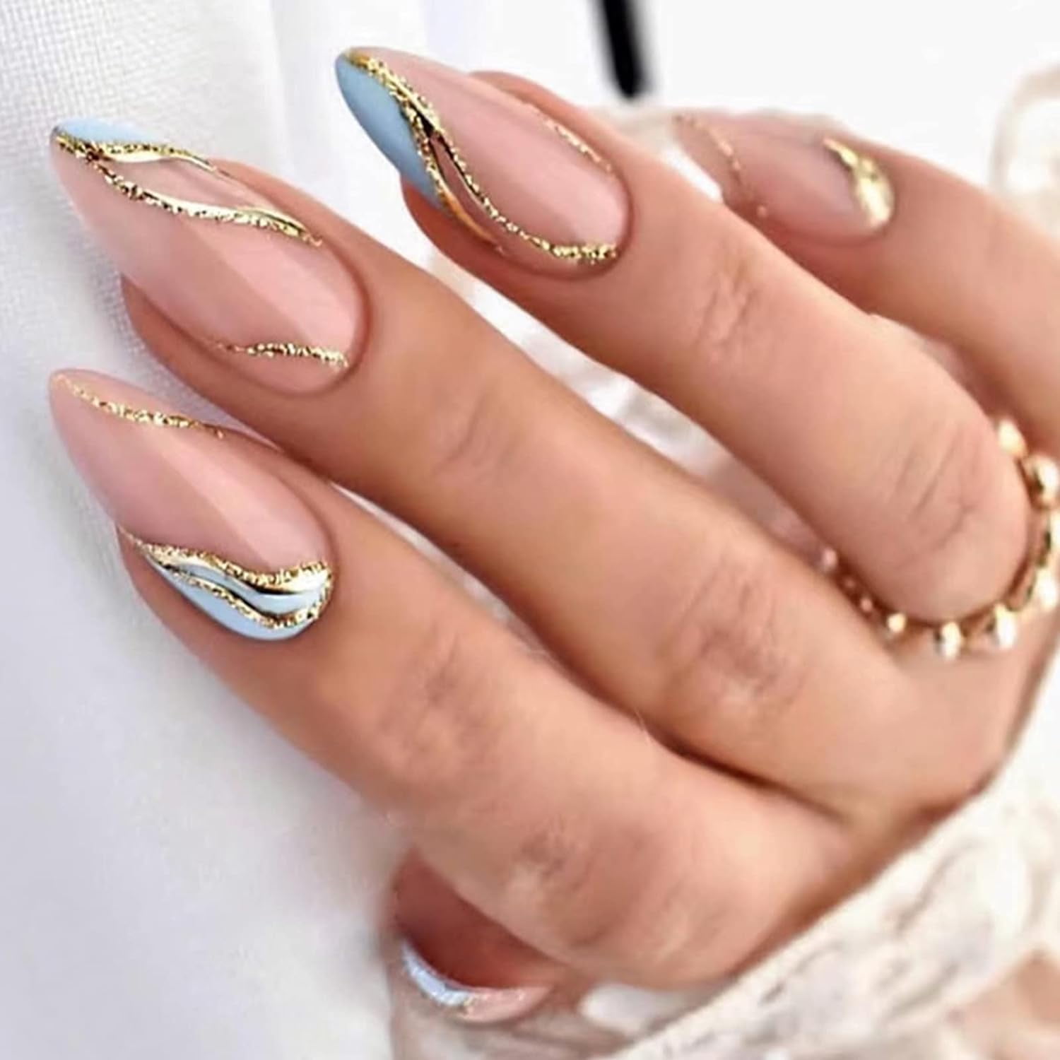 Almond Press on Nails Medium Length Fake Nails with Blue Swirl Design ...