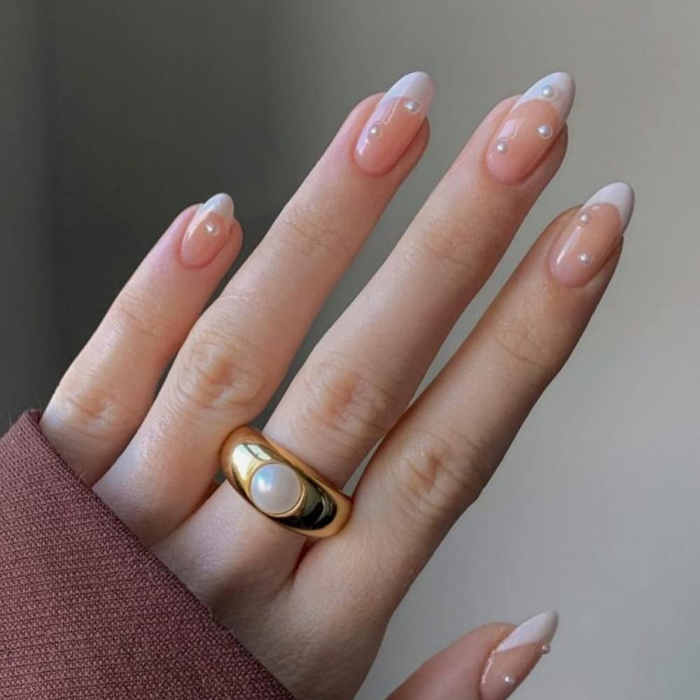 Almond White French Tip Press On Nails Medium Pearls Glue On Nails Fake