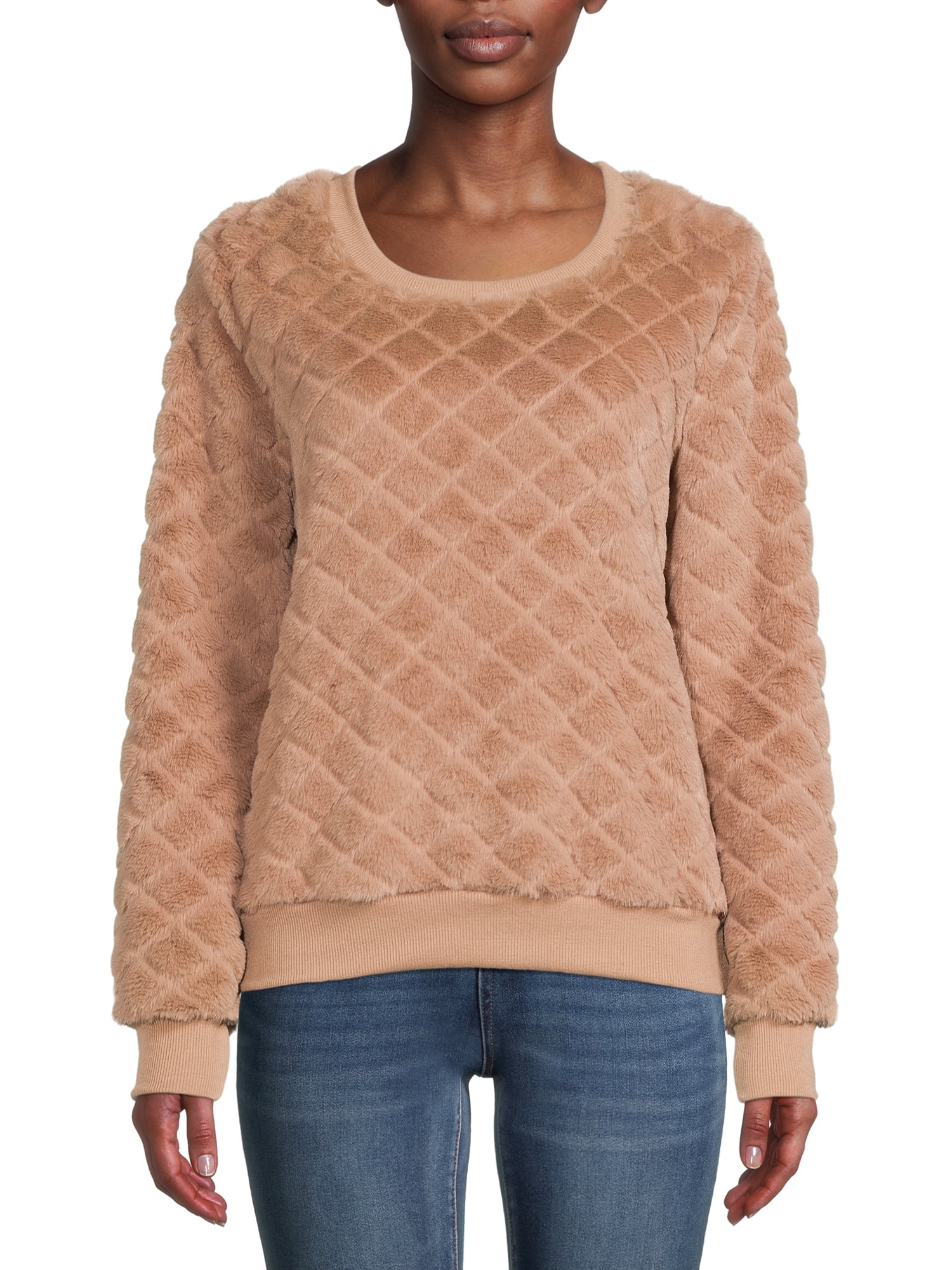Almost Famous Junior’ Diamond Faux Fur Pullover with Long Sleeves ...