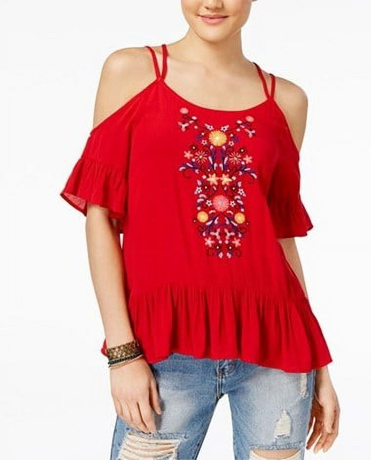 Almost Famous Womens Cold-Shoulder Ruffles Pullover Blouse, Red, Small ...