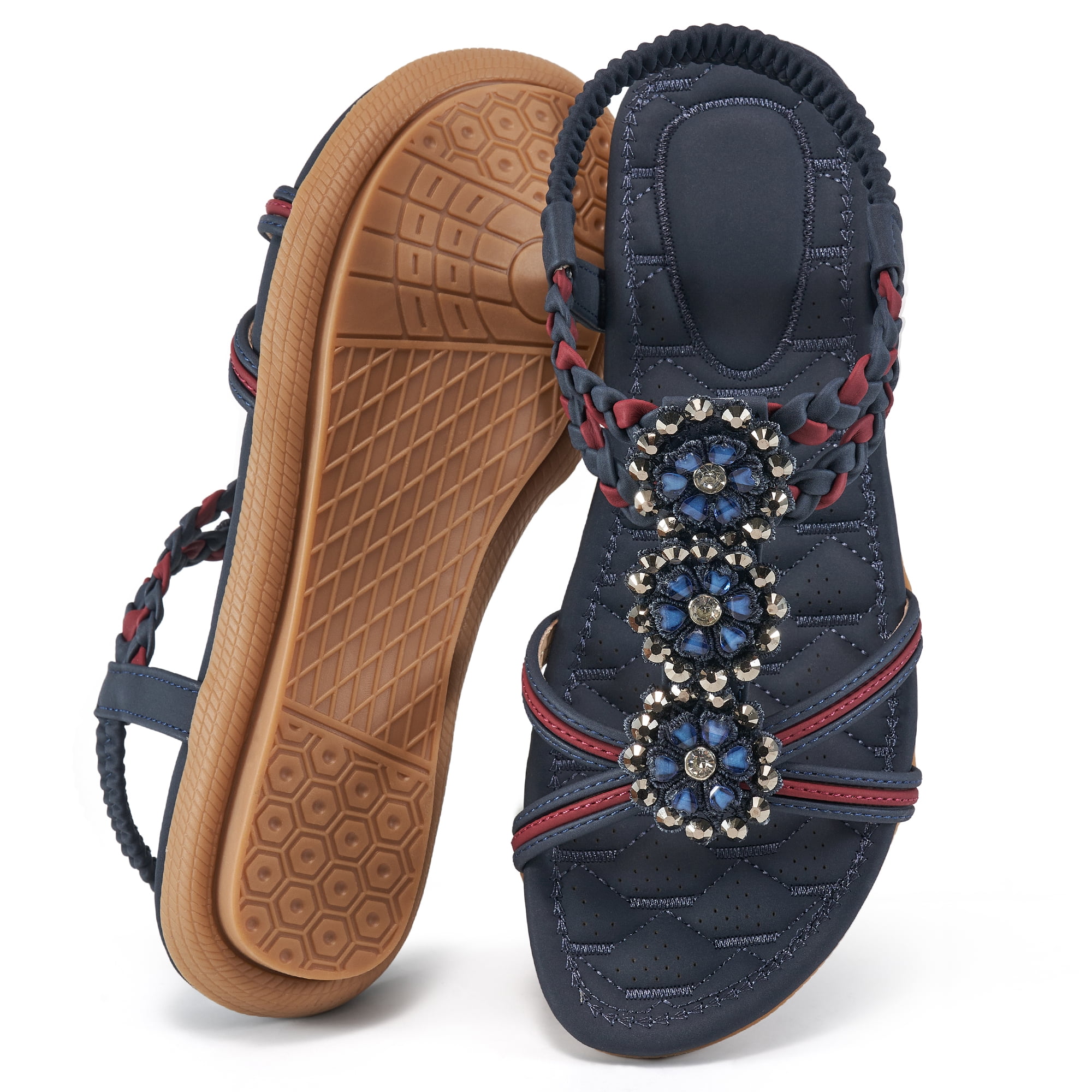 Ablanczoom Womens Sandals Rhinestone Flower Summer Flat Sandals for ...