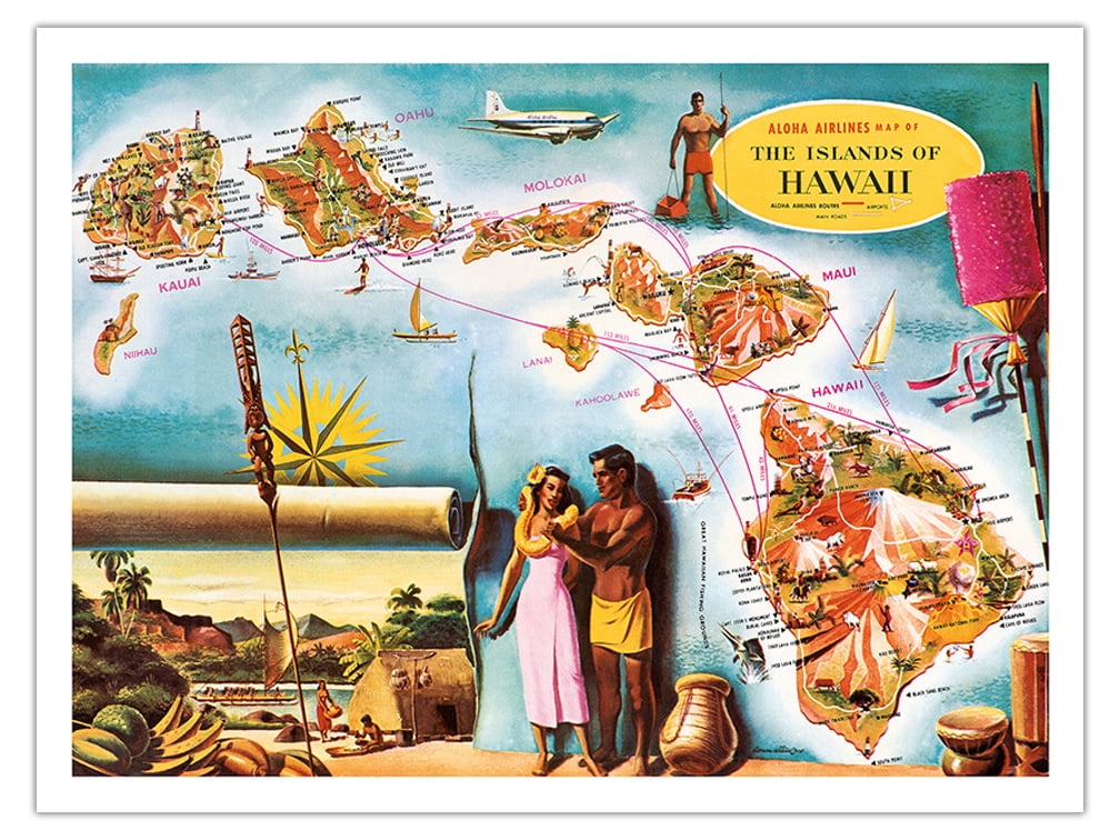Aloha Airlines Route Map of the Hawaiian Islands - Vintage Map by Don ...