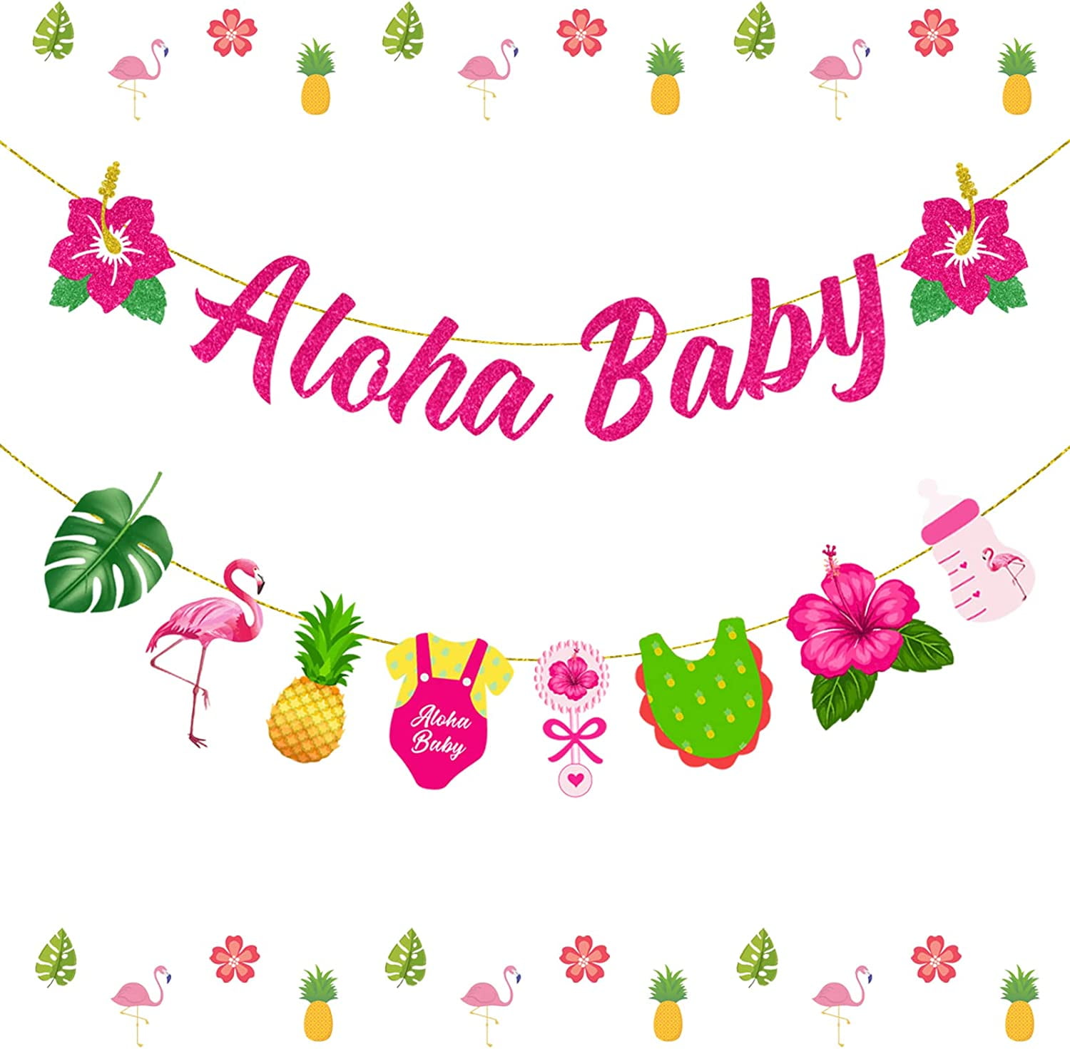 Aloha Baby Banner Glitter Rose Red, Hawaii Pineapple Flamingo Baby ...