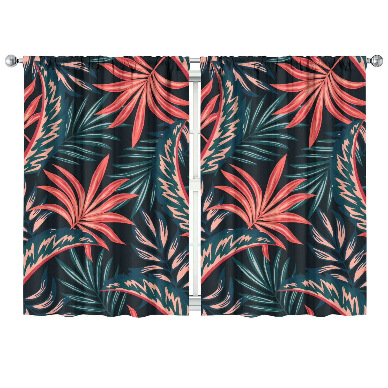 Aloha Beach Vacation Curtains - 2 Pack Semi-Sheer Tier Panels, Palm Inspired Leafy Print, 42x63 ...