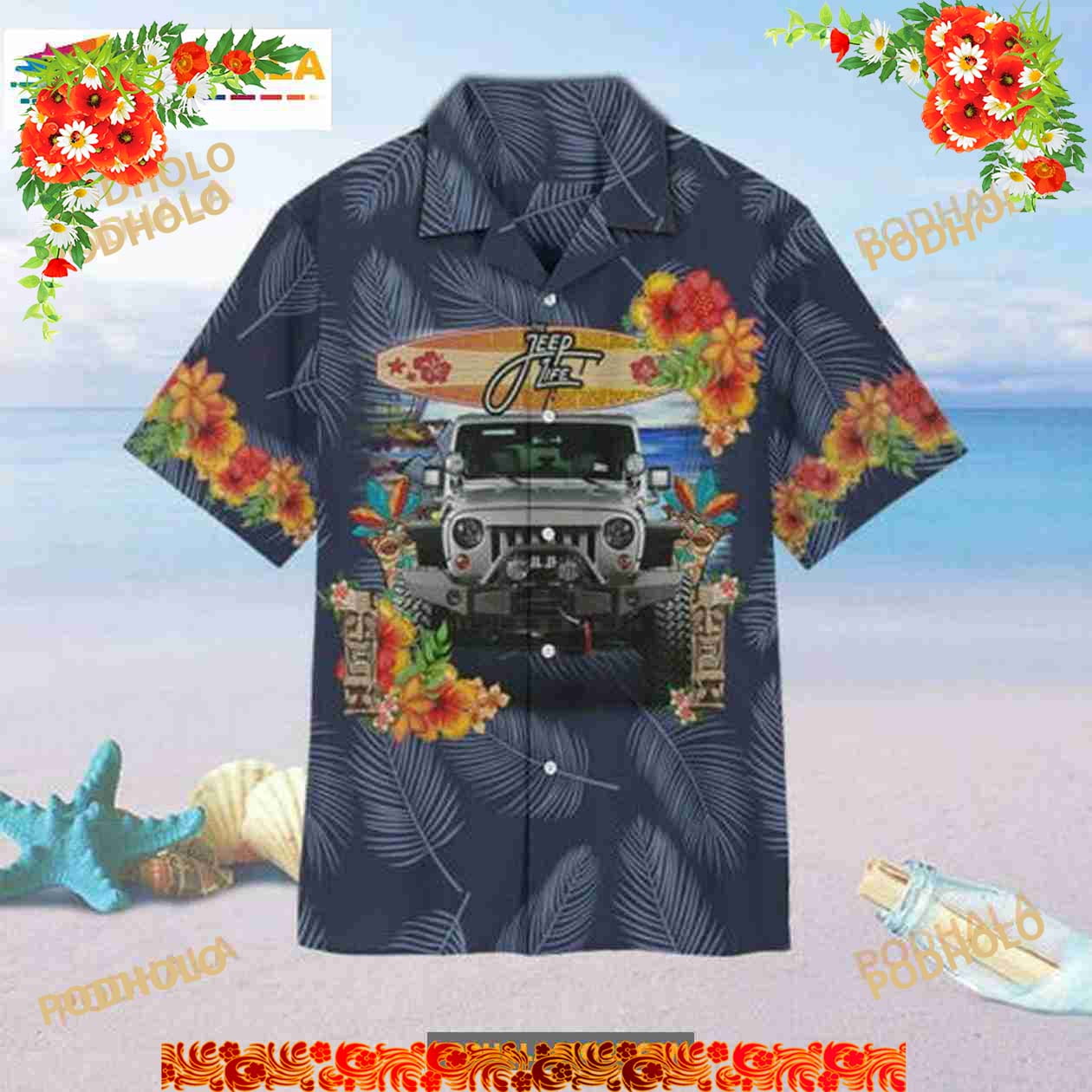 Aloha Car Flowers Tiki Tropical Leaves Hawaiian Shirt - Walmart.com