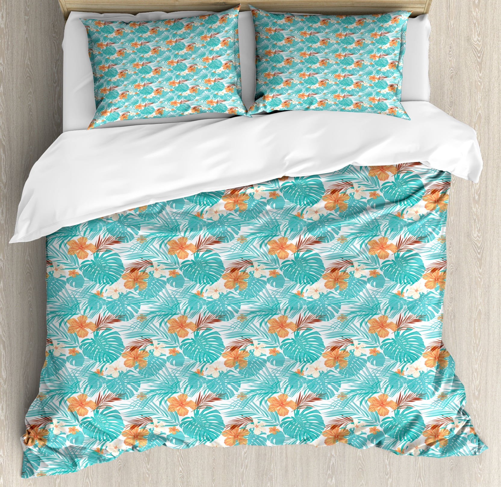 Aloha Duvet Cover Set, Summer Scene of Palm Tree Leaves and Hibiscus ...
