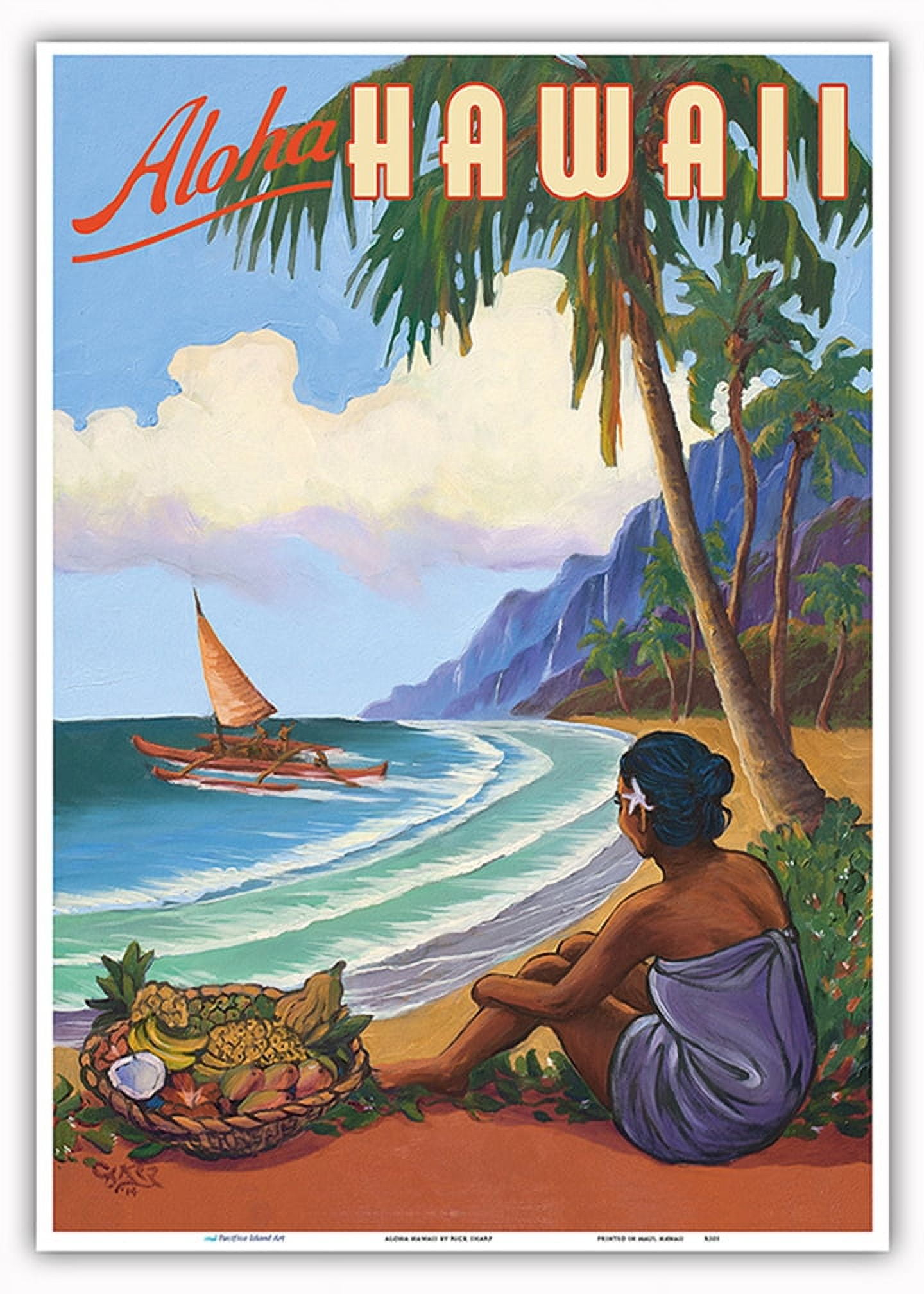 Aloha Hawaii - Hawaiian Woman watching Outrigger Canoe (Wa’a) - Vintage ...
