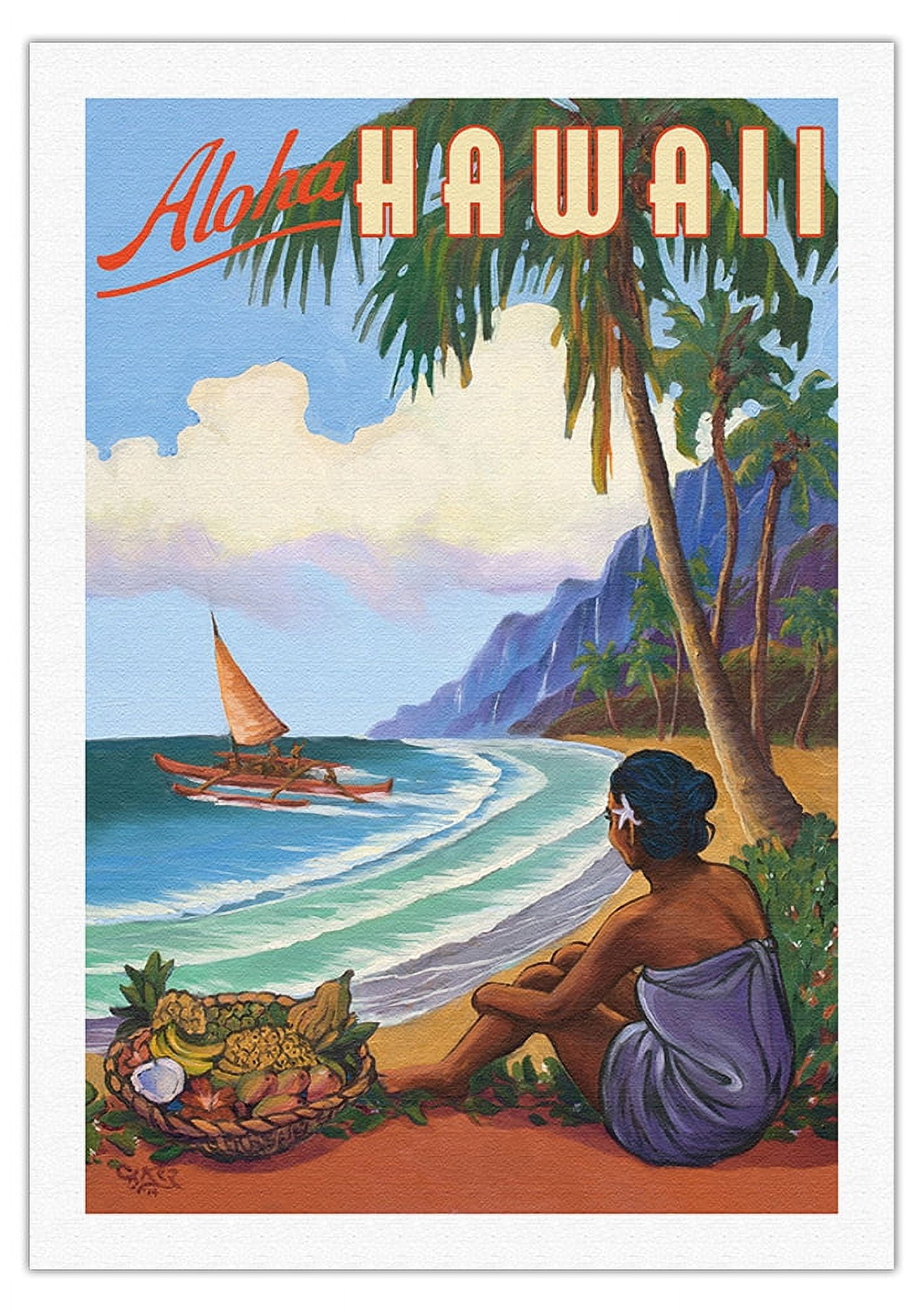 Aloha Hawaii - Hawaiian Woman watching Outrigger Canoe (Wa’a) - Vintage ...