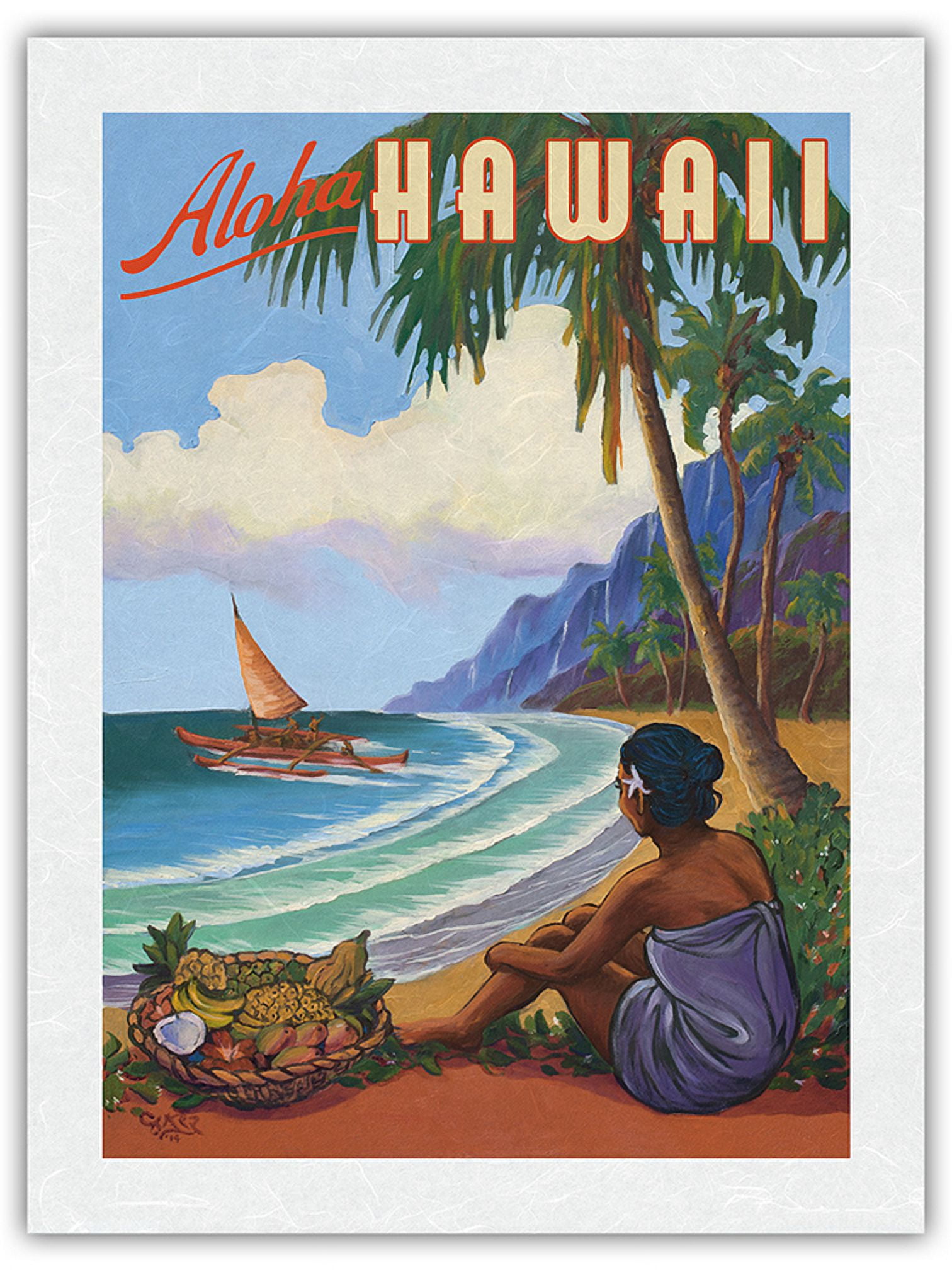 Aloha Hawaii - Hawaiian Woman watching Outrigger Canoe (Wa’a) - Vintage ...
