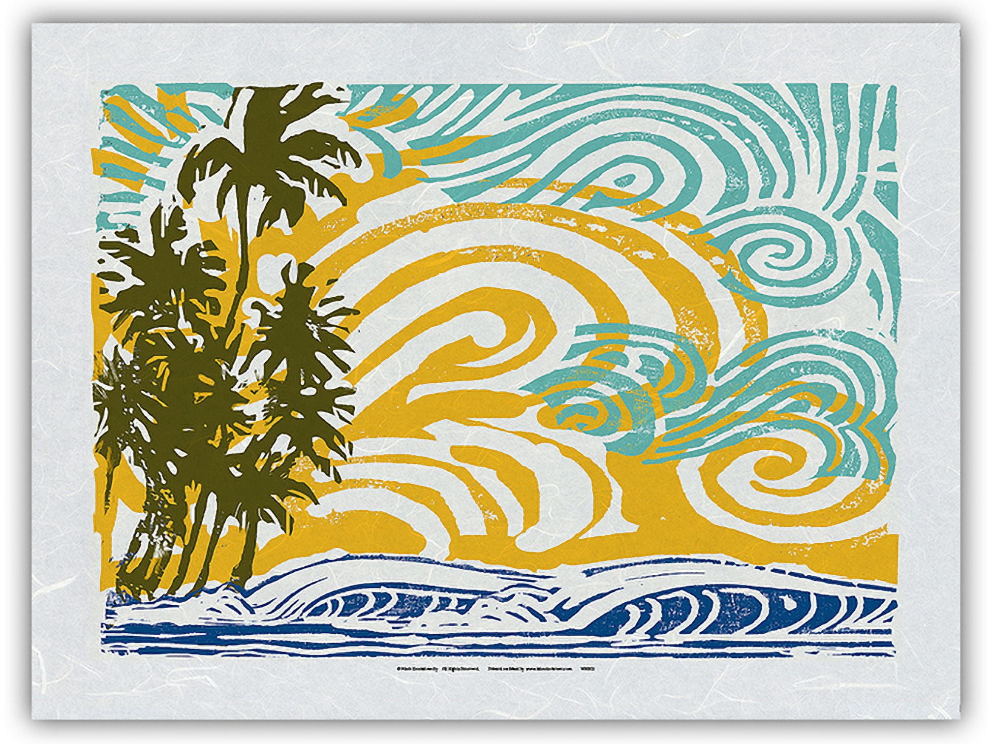 Aloha Hawaii - Palm Trees and Waves - Vintage Hawaiian Woodblock Print ...