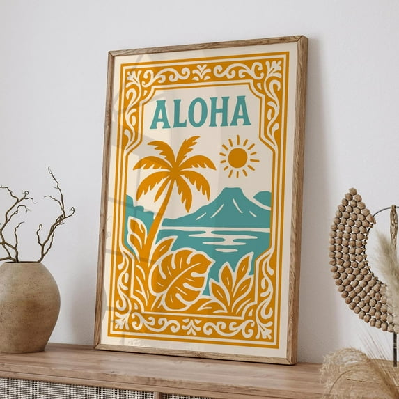 Aloha Hawaii Poster | Tropical Landscape Wall Art | Blue And Yellow ...