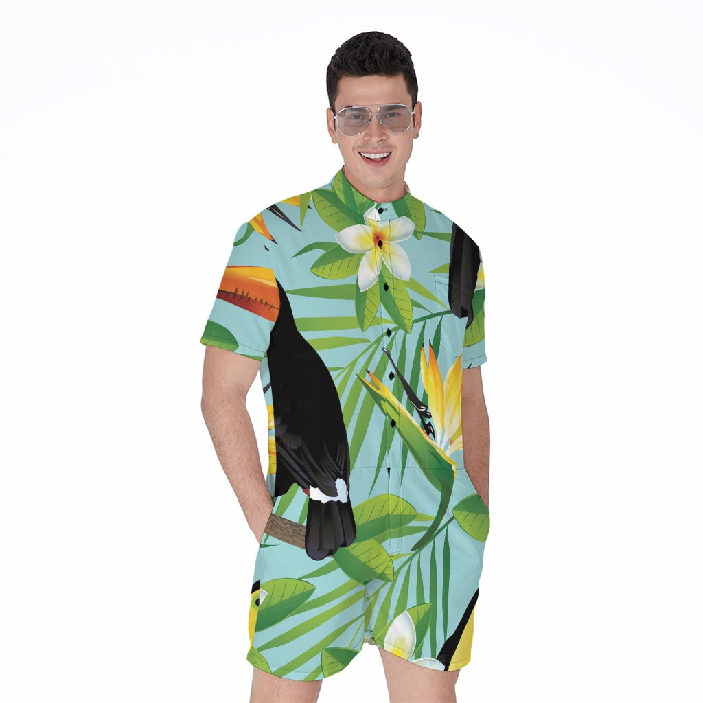 Aloha Keel-Billed Toucan Short Sleeve Men'S Rompers, Tropical Floral ...