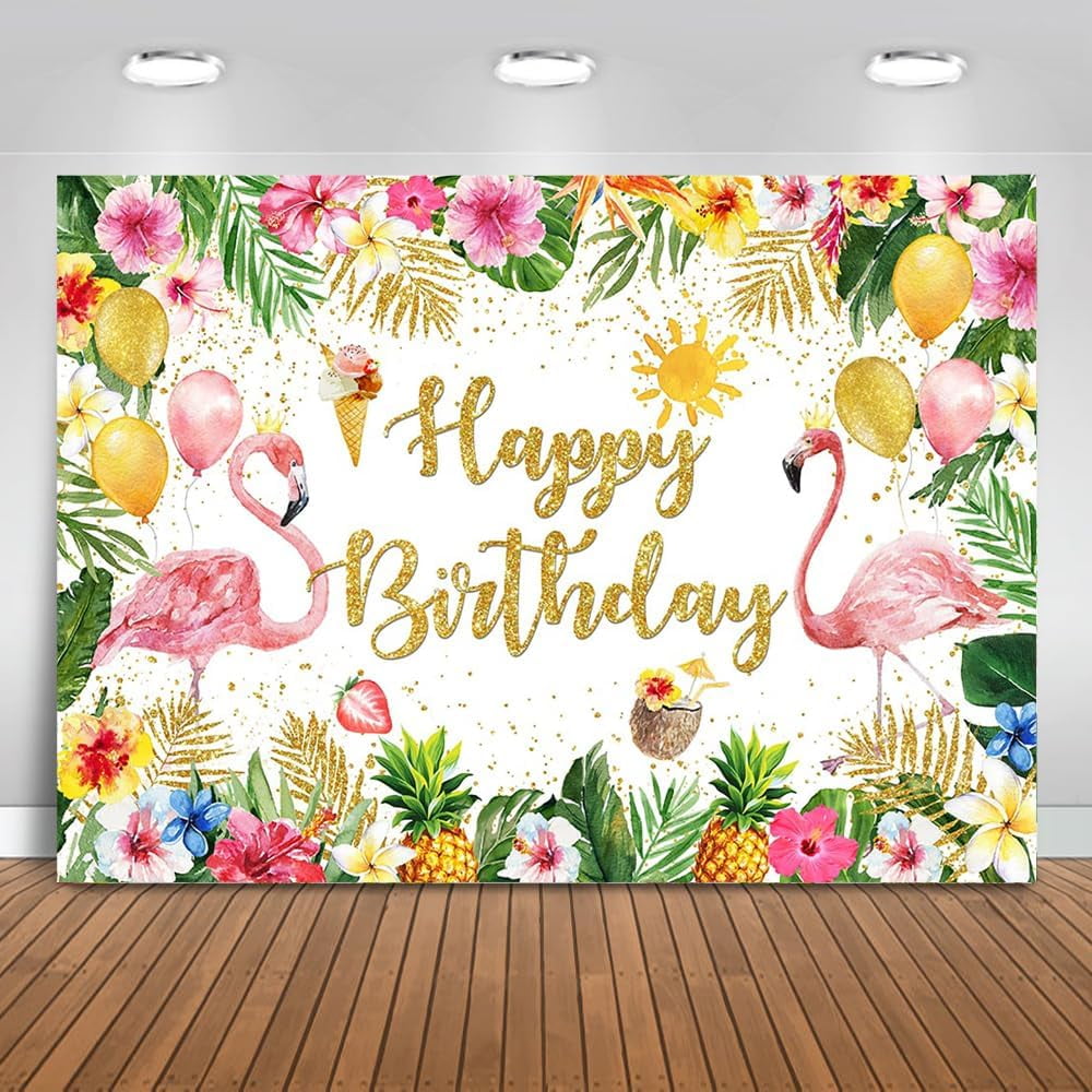 Aloha Luau Backdrop Summer Hawaiian Flamingo Happy Birthday Background ...