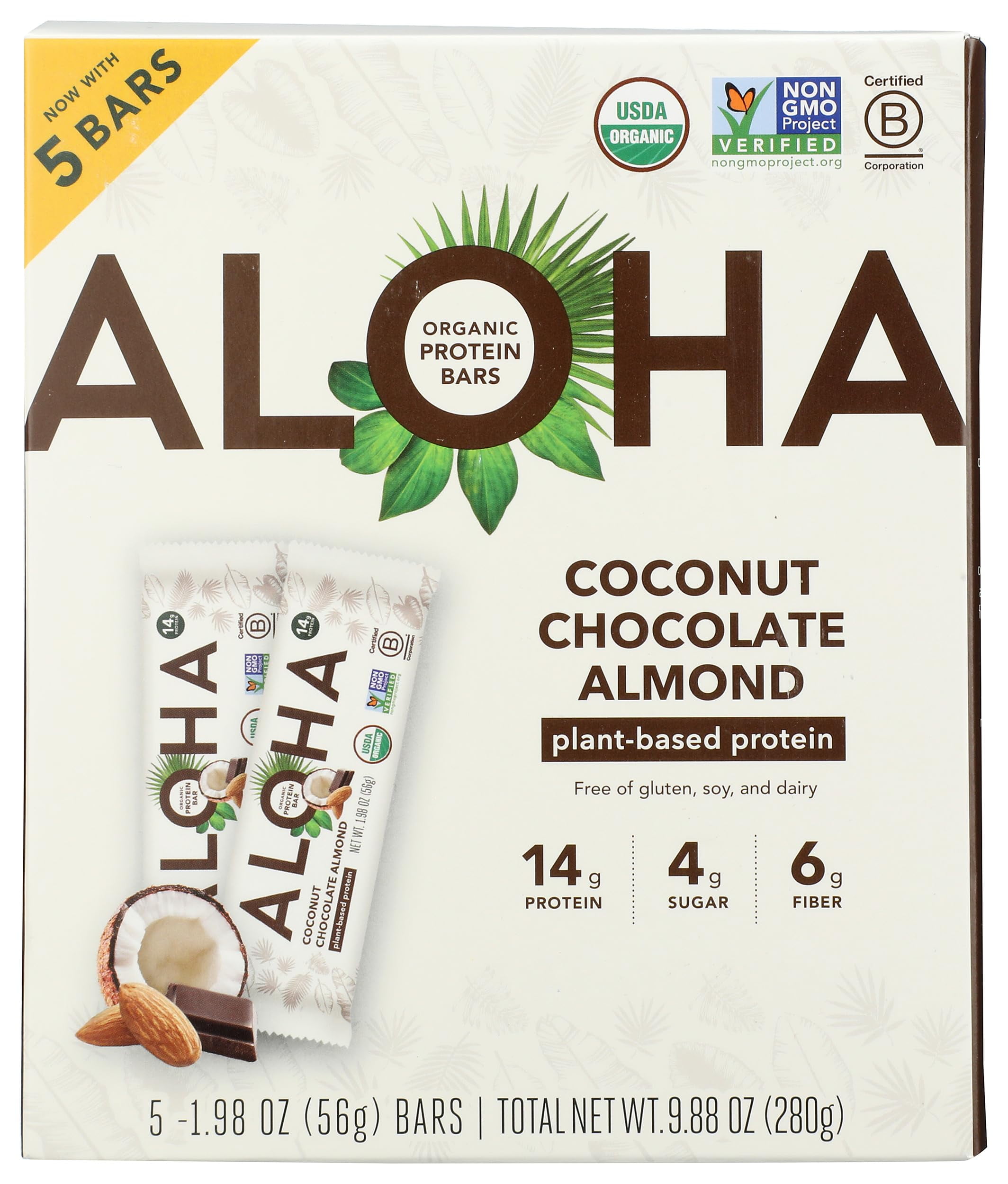Aloha Organic Plant-Based Protein Coconut Chocolate Almond Bars 5 Pack ...