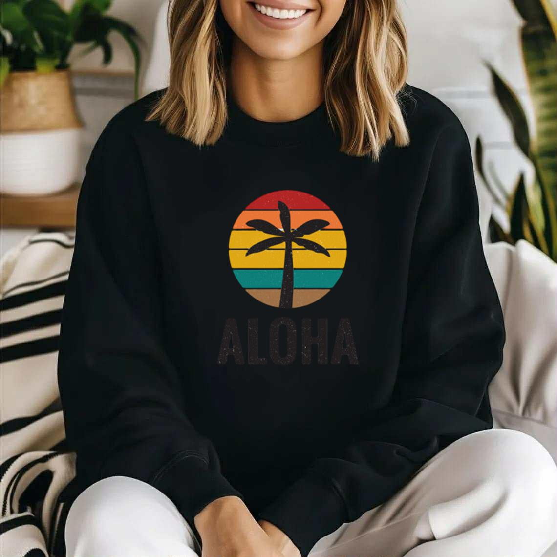 Aloha Palm Tree Sunset 70s Retro Hawaiian Vacation Beach Sweatshirt, for men & women, up to size ...