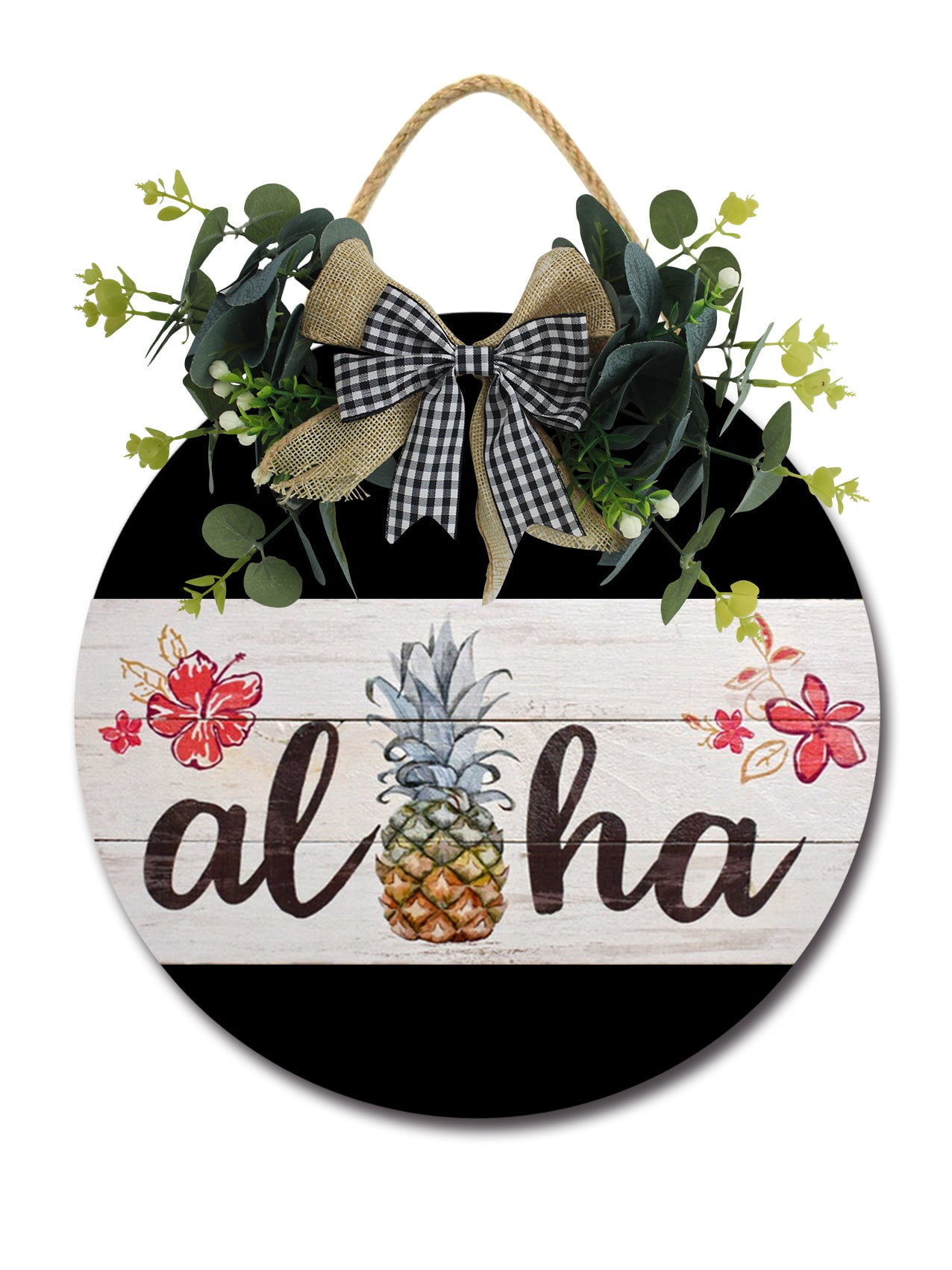 Aloha Pineapple Sign for Front Door Decorations, Rustic Round Wood Holiday Sign, Front Door ...