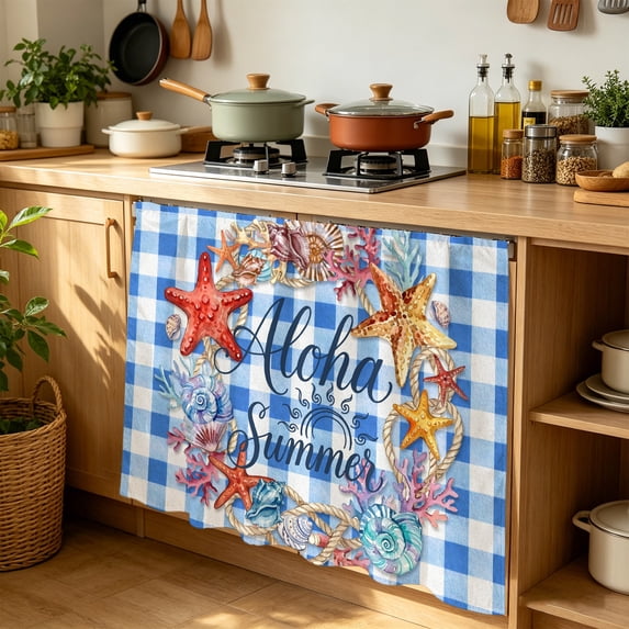 Aloha Summer Cabinet Curtains 35" W x 35" L, Red Starfish Shell Blue ...