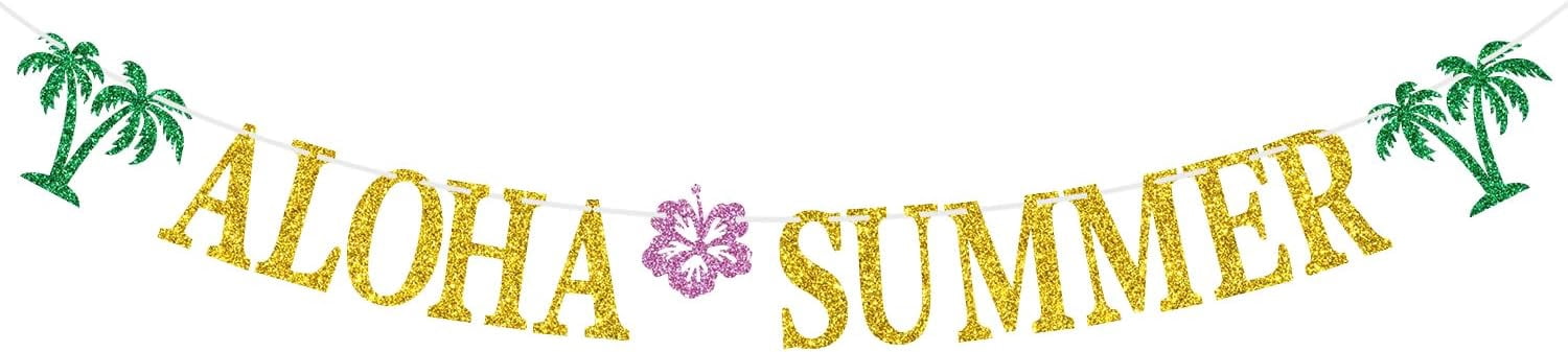Aloha Summer Gold Glitter Banner with Palm Trees and Hibiscus, Tropical ...