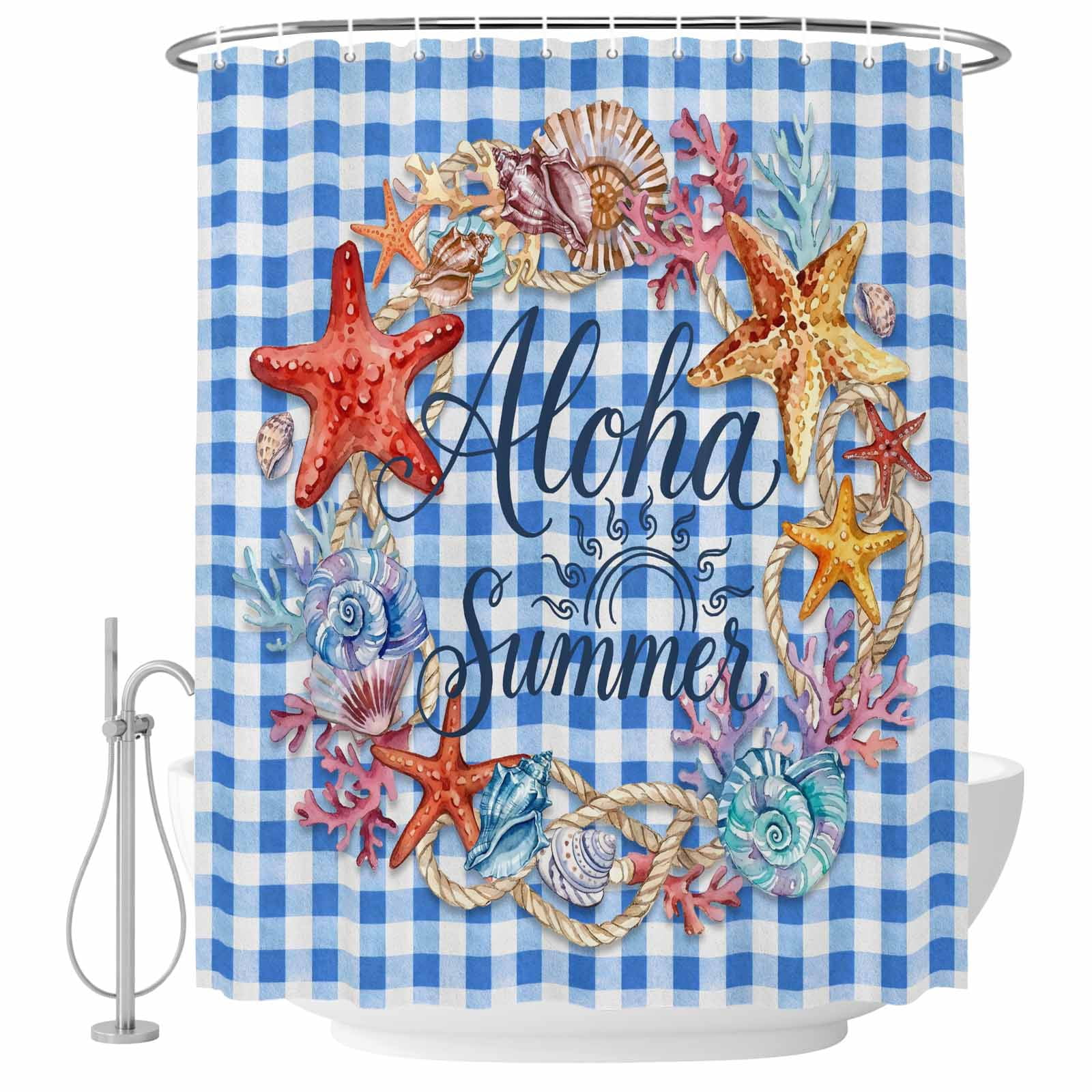 Aloha Summer Shower Curtain for Bathroom, Red Starfish Shell Blue Plaid ...