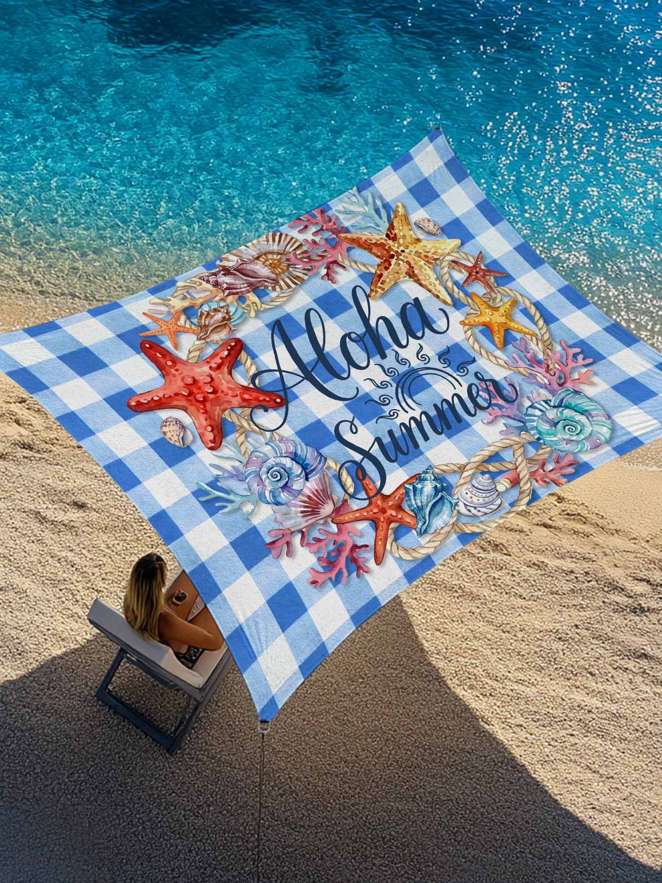 Aloha Summer Sun Shade Sail 6.5' x 10', Red Starfish Shell Blue Plaid ...