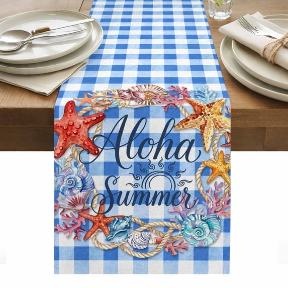 Aloha Summer Table Runner, Red Starfish Shell Blue Plaid Ocean Life ...