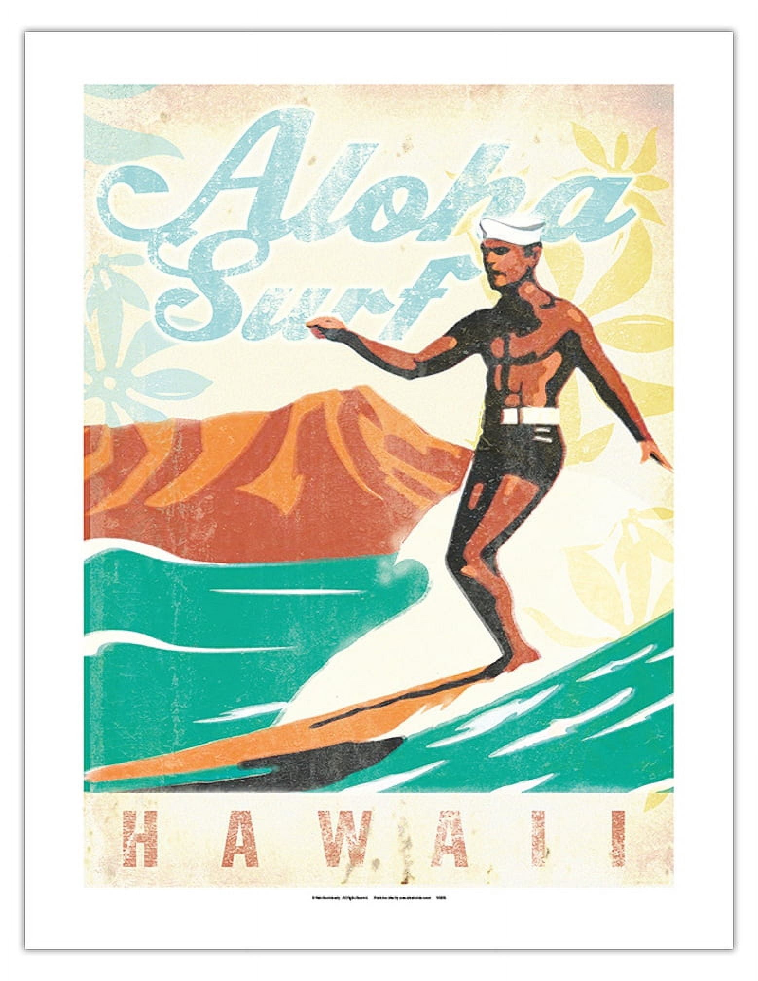 Aloha Surf Hawaii - Surfer On Longboard - Vintage Travel Poster by Wade ...