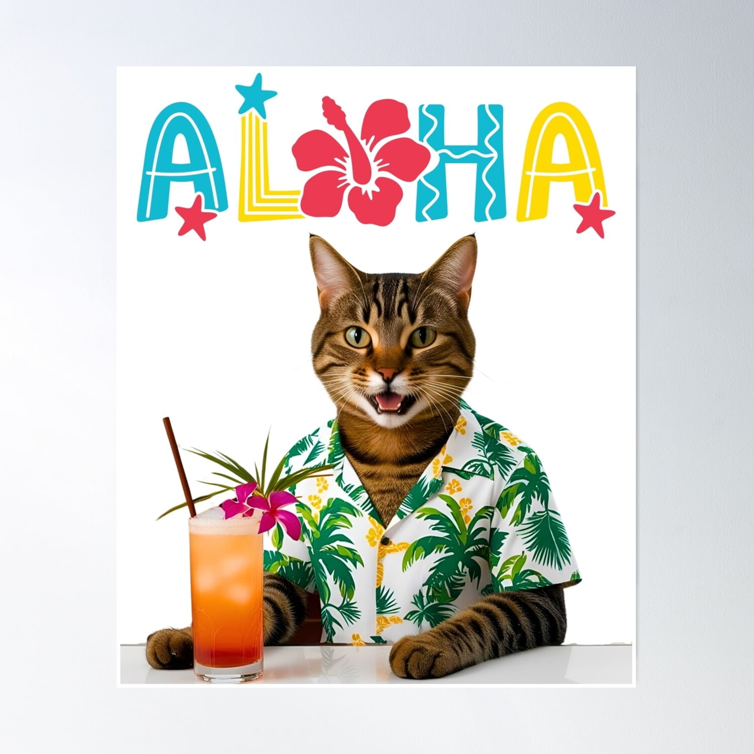 Aloha Tabby Cat Tropical Kitty With Mai Tai In Hawaiian Poster Wall Art ...