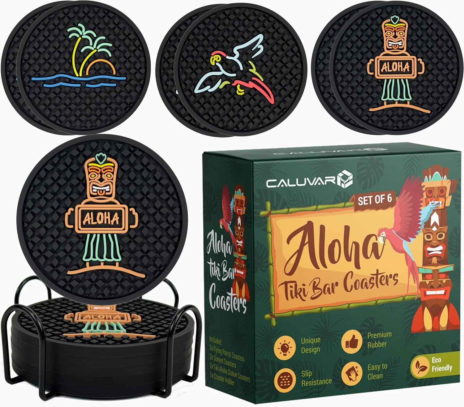Aloha Tiki Bar Drink Coasters Set of 6 with Holder for Hawaiian and ...