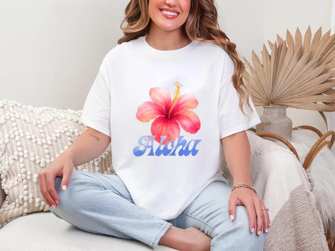 Aloha Vintage Coastal Unisex T-shirt Tropical Flowers Hawaiian Beach ...