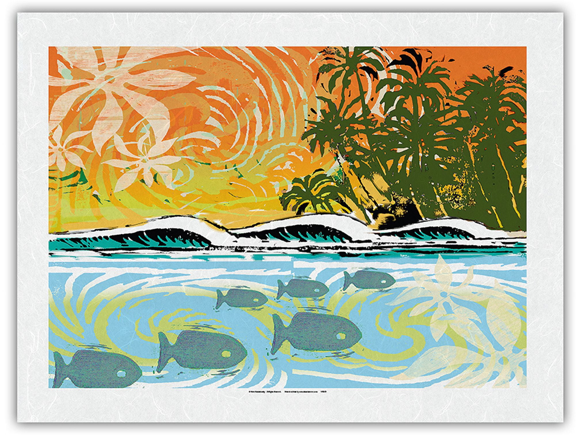 Aloha Woodcut - Hawaii Wave Fish and Palm Trees - Vintage Hawaiian ...
