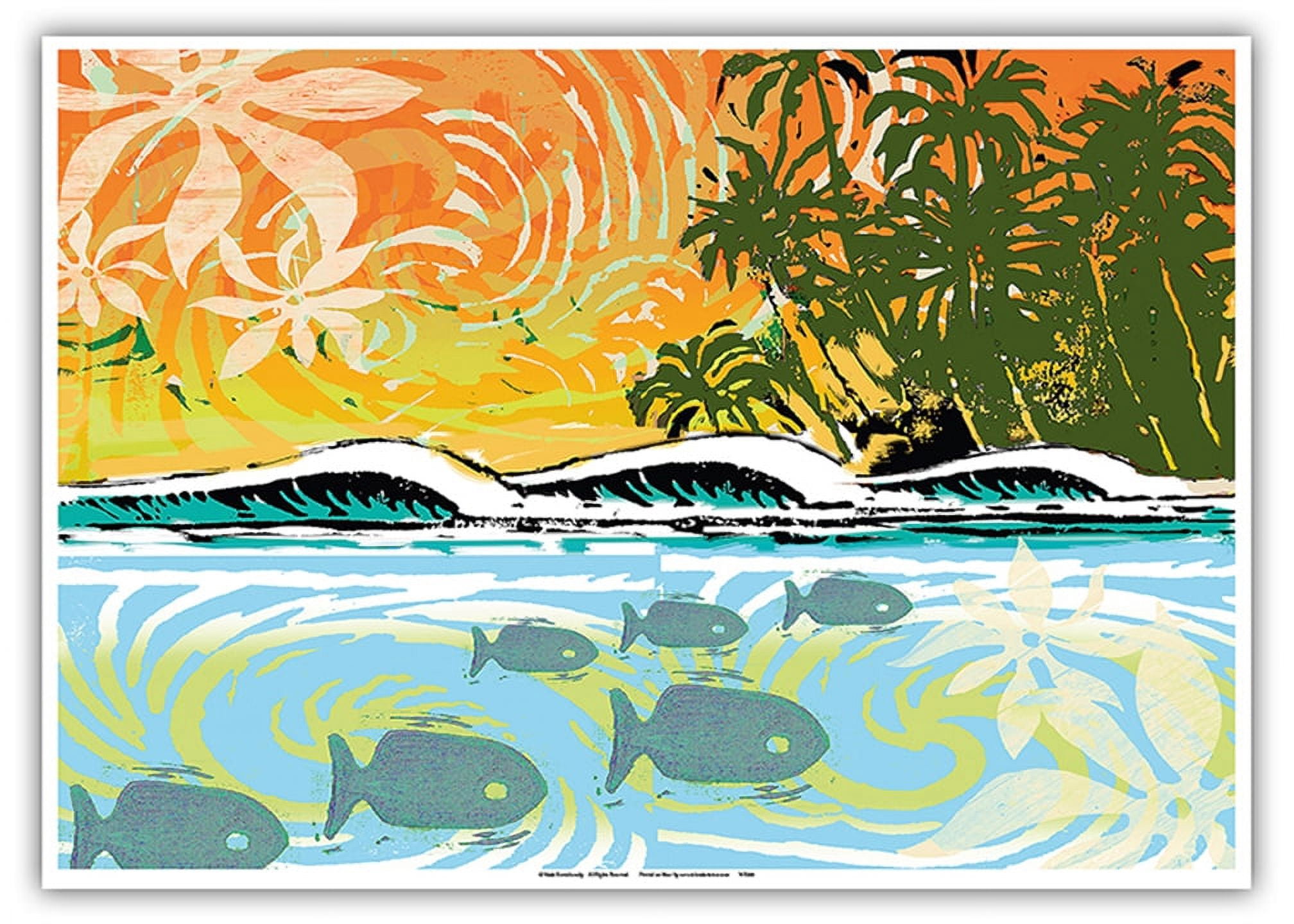 Aloha Woodcut - Hawaii Wave Fish and Palm Trees - Vintage Hawaiian ...
