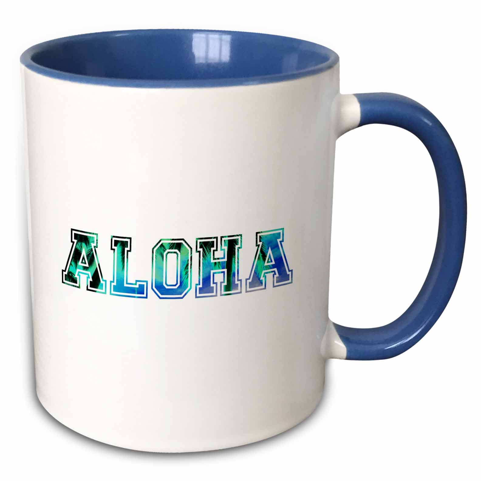 Aloha in blue turquoise teal sky with black silhouette of Hawaiian palm ...
