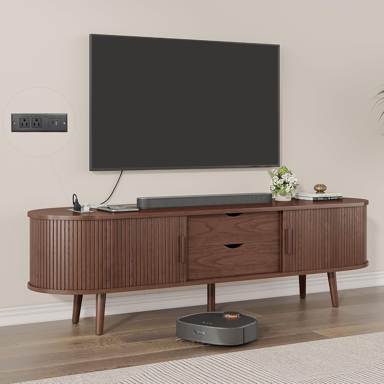 Alohappy 59" Mid Century Modern TV Stand with Charging Station, Curved ...