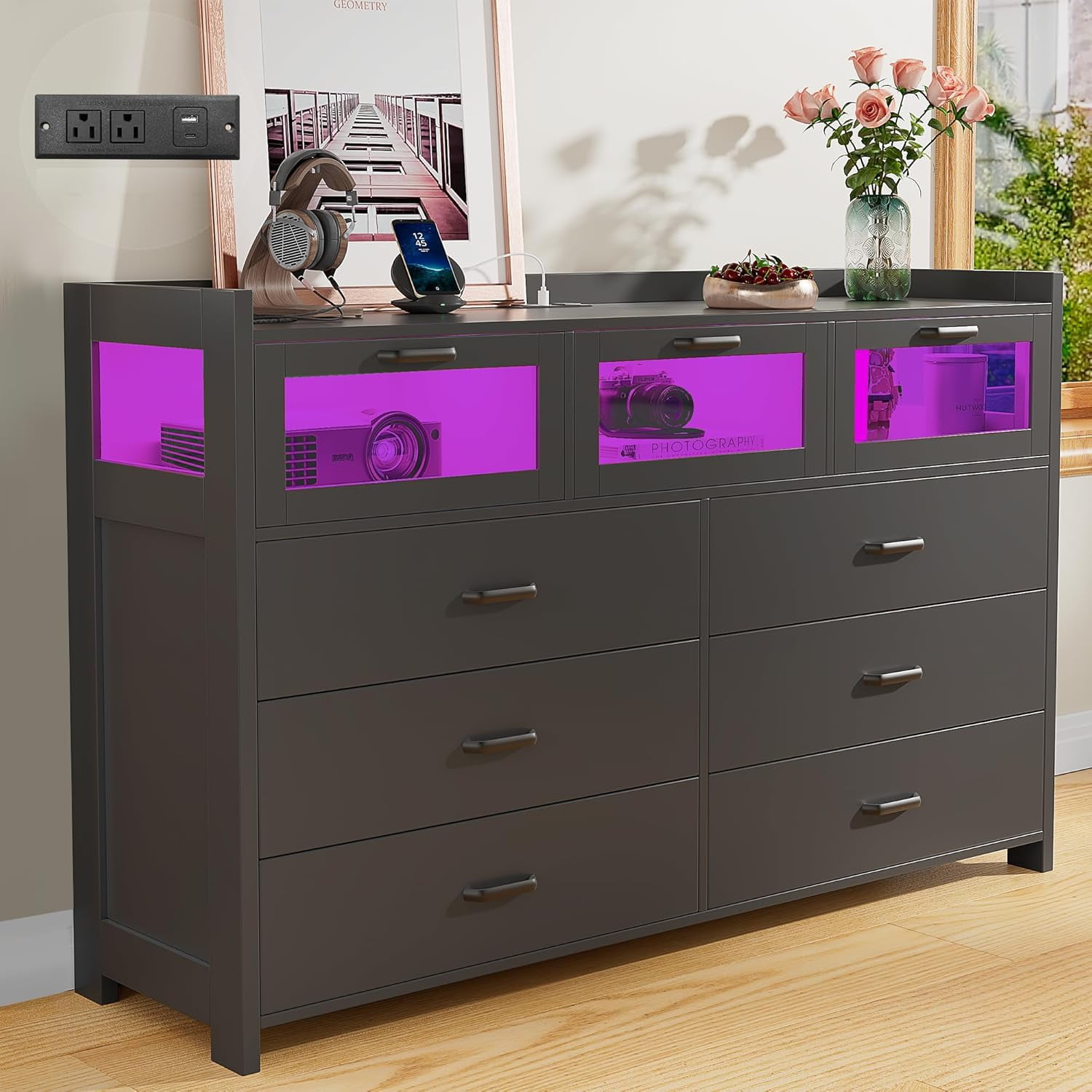 Alohappy 9 Drawers Dresser for Bedroom, Black Dresser with LED Lights ...