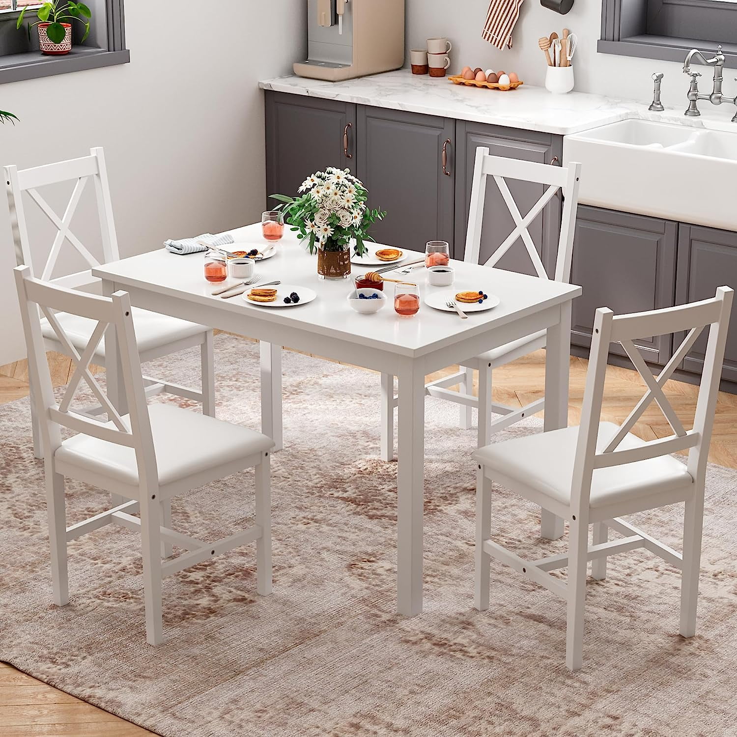 Alohappy 5-Piece Dining Set, Modern Wood, Rectangle Table & Chairs for ...