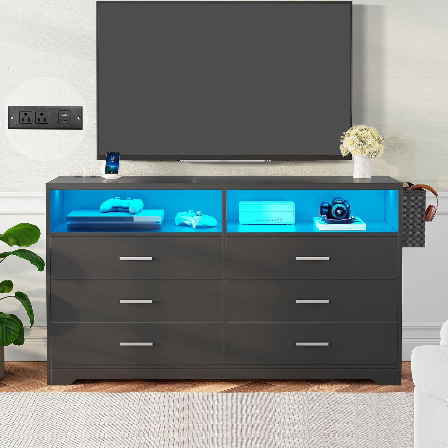 Alohappy Dresser for Bedroom, Black 6 Drawer Dresser with Charging ...