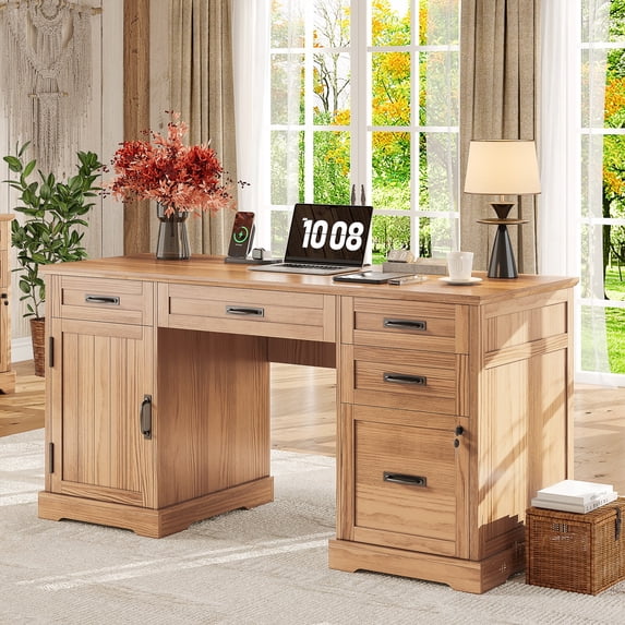 Whalefall Executive Desk with File Drawers, 55'' Farmhouse Modern Light ...