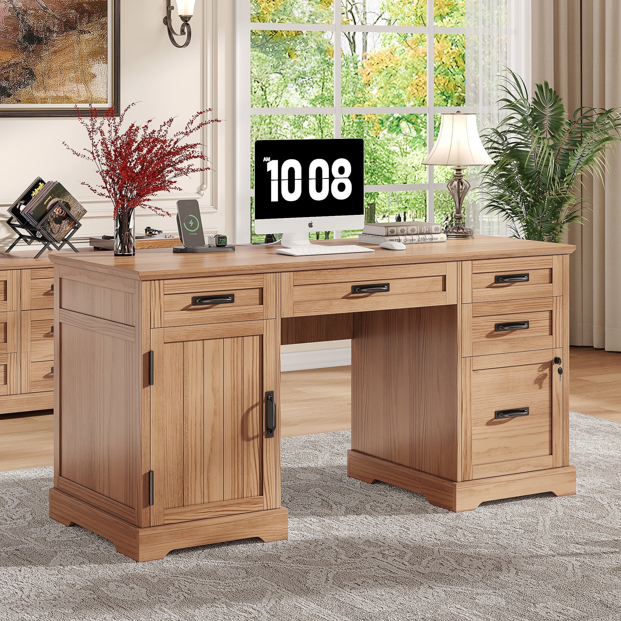 Alohappy Executive Desk with File Drawers, 55'' Farmhouse Desk Modern ...