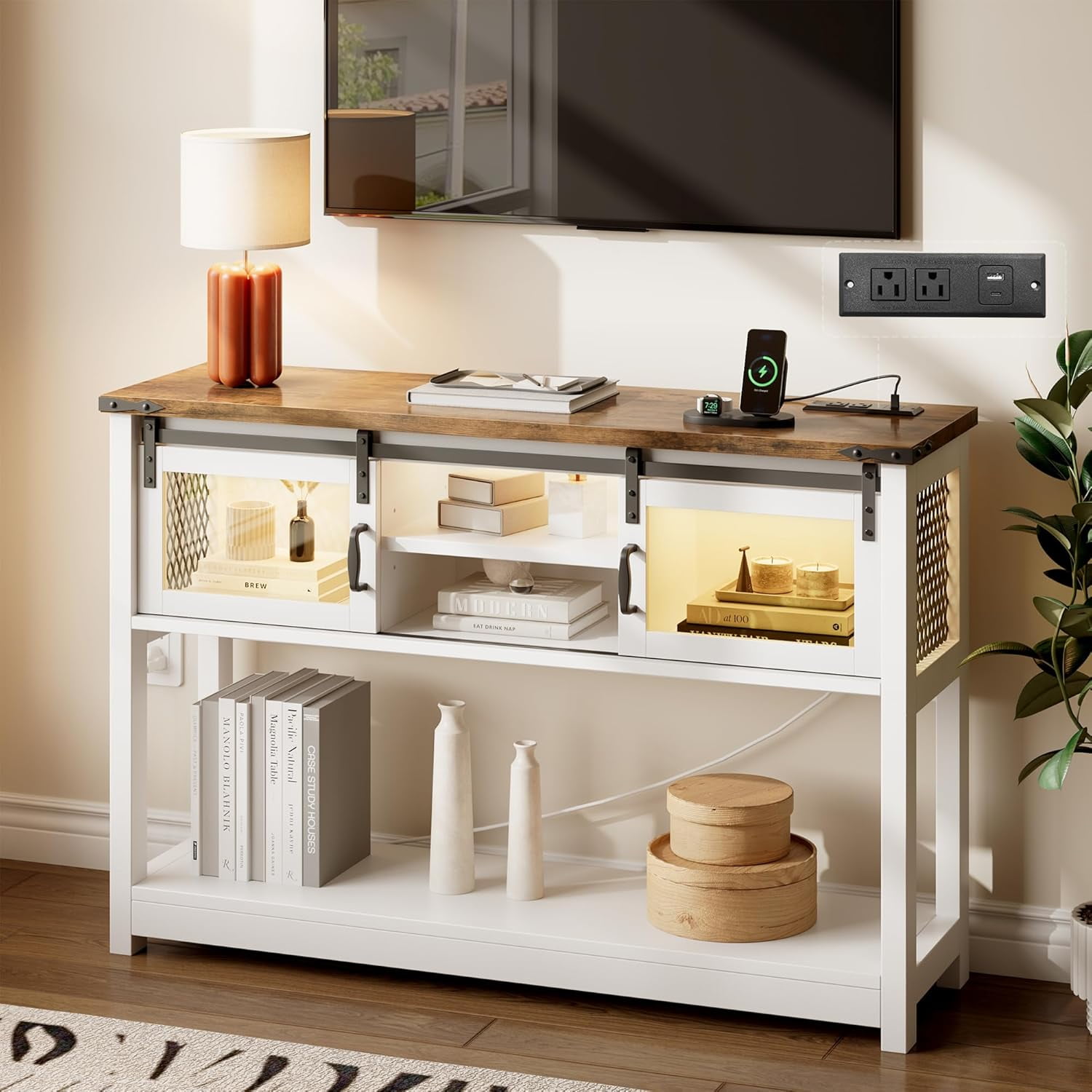 Alohappy Farmhouse Console Table with Charging Station, 46" Large Sofa ...