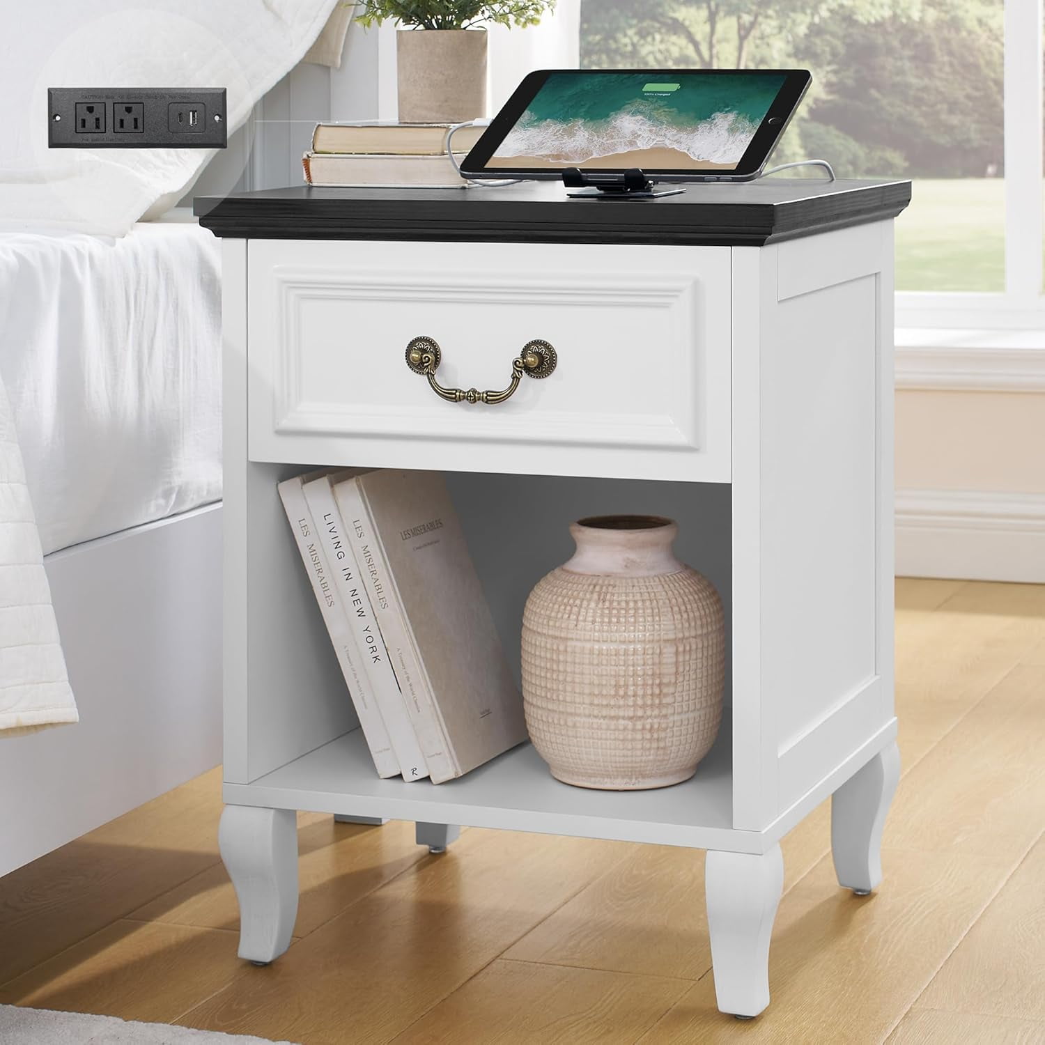 Alohappy Farmhouse Nightstand with Charger Station, Night Stands with ...