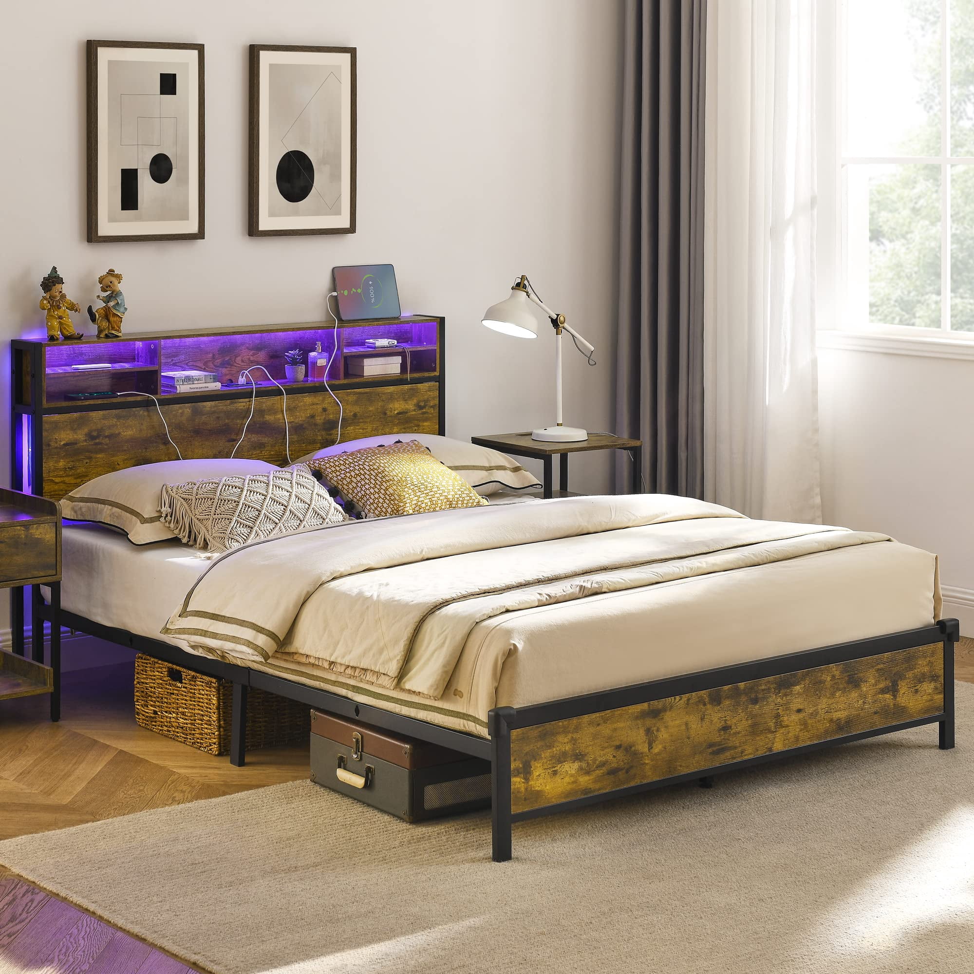 Alohappy Full-Size LED Bed Frame with USB Storage Headboard, Metal ...