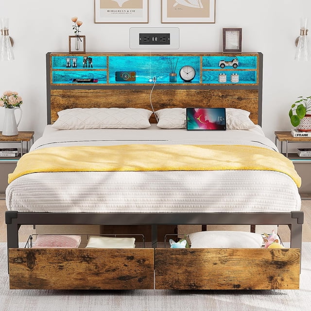 Alohappy Full Size Bed Frame with Storage Headboard and Drawers, Metal ...