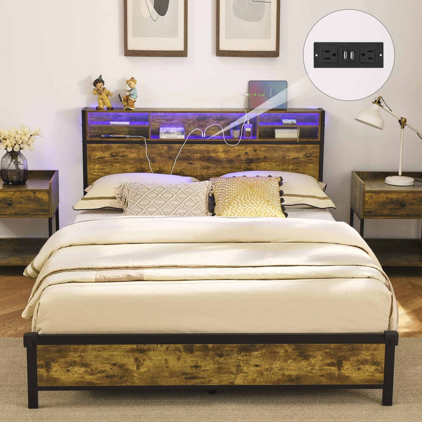 Alohappy LED Queen Bed Frame with Bookcase Headboard, Metal Platform ...
