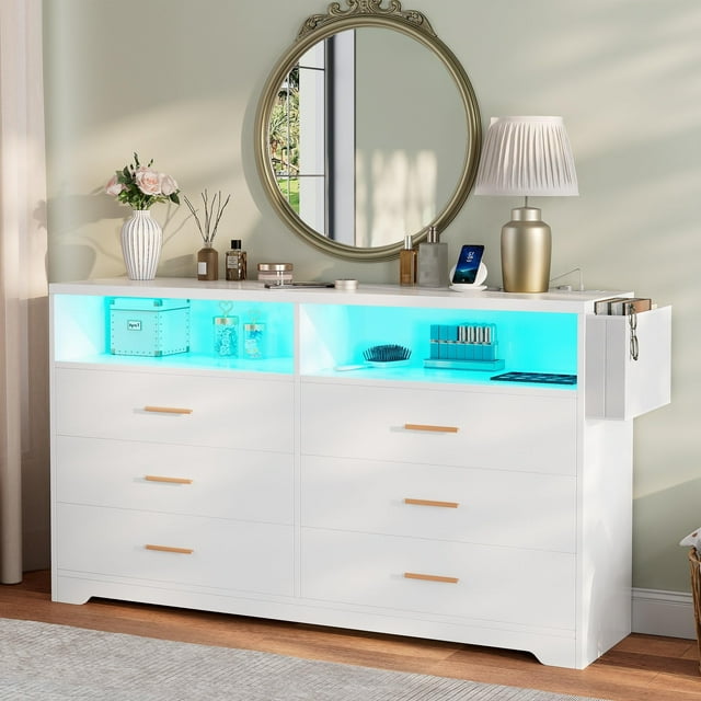 "Alohappy Tall White Wooden Dresser with 6 Drawers, LED Lights ...